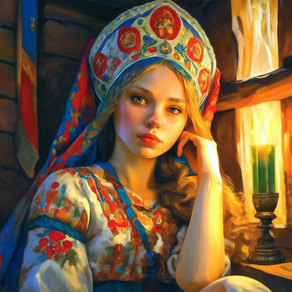 "A very beautiful, sad Russian girl, in a national sundress and a ...