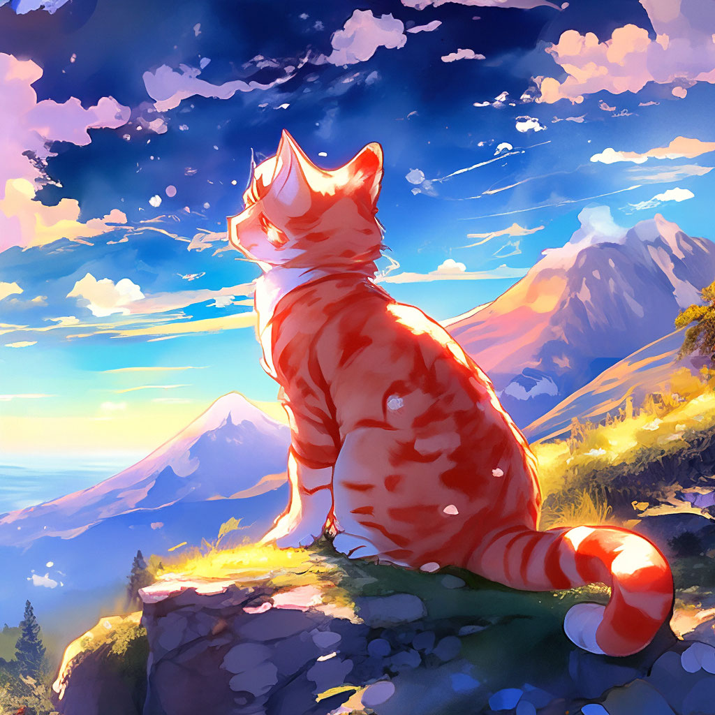 "Watercolor, red cat - anime on a mountainside, fine drawing, beautiful ...