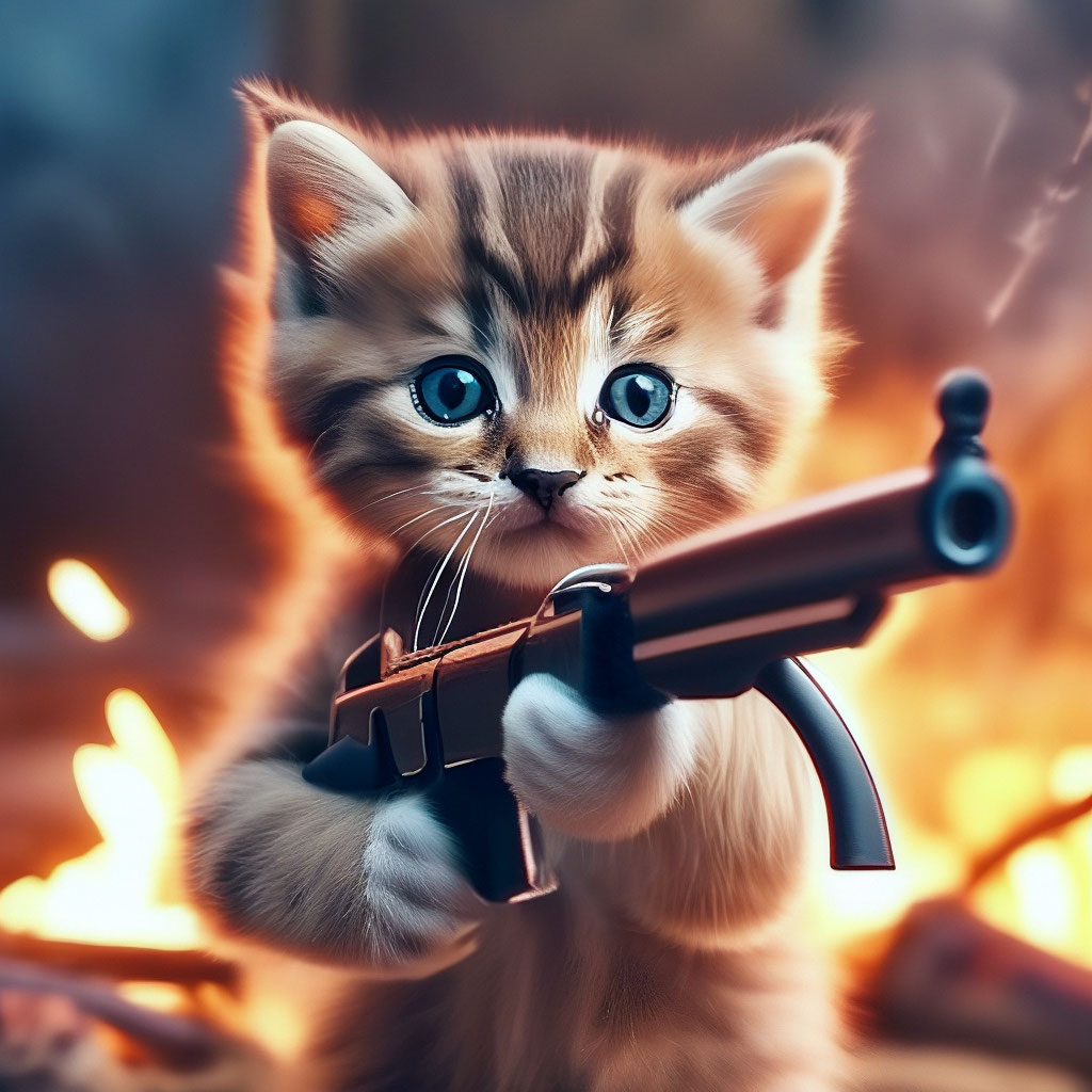 "Cat with a gun kitten on the background of fire, kitten with a gun ...