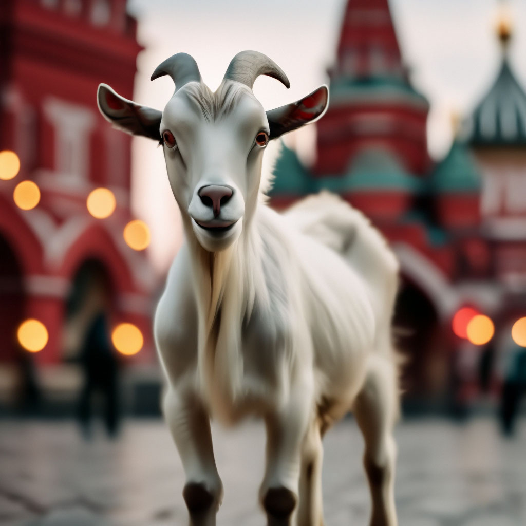 "A white goat stands on red square, professional photo, beautiful ...