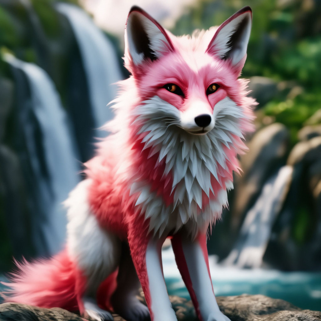 "Pink and white fox with a big tail at the waterfall, beautiful ...
