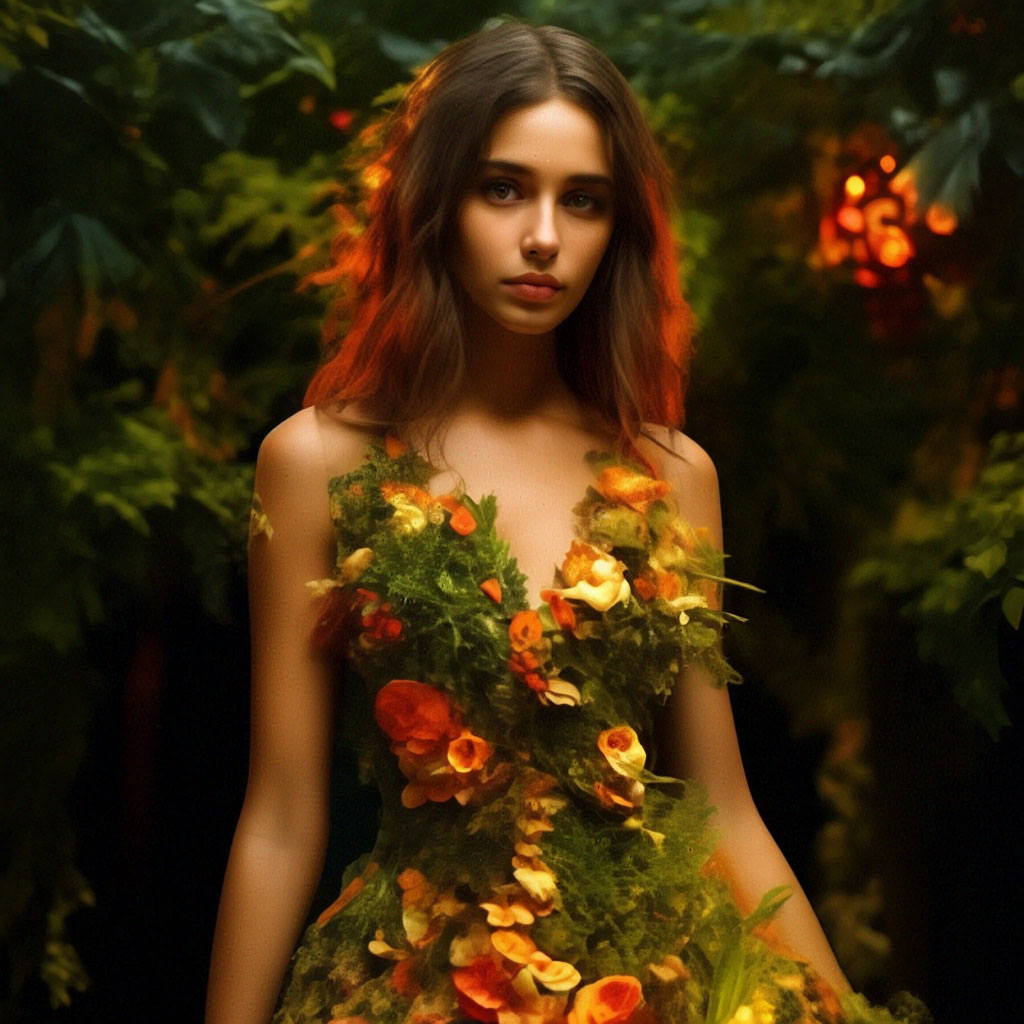 "Beautiful girl in a dress made of plants, flowers, hyperdetalization ...