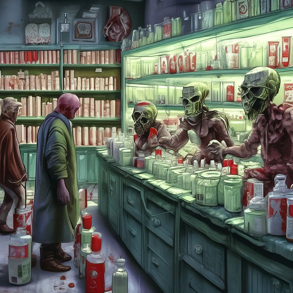"The queue of humanoid mutants to the pharmacy for medicines in zombie ...