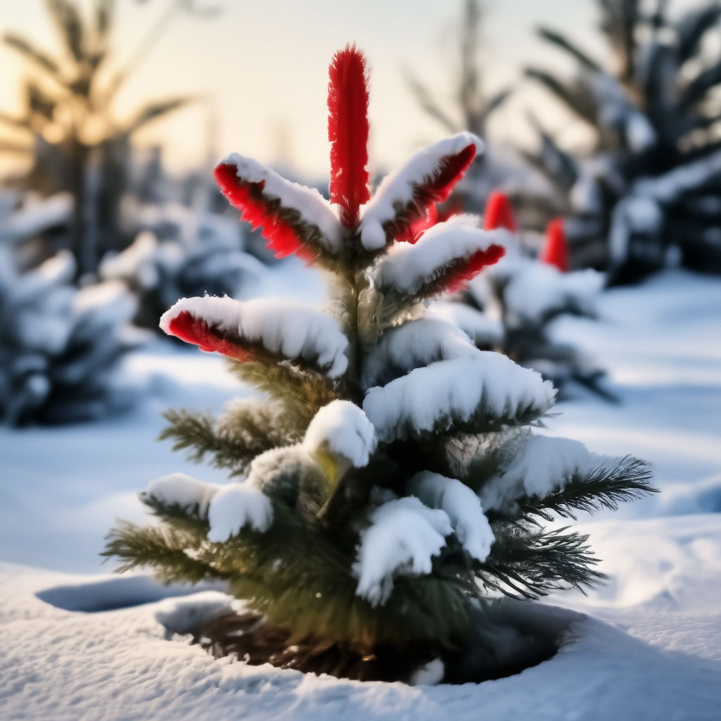 "Winter,snowdrifts, small green Christmas trees covered with snow,day ...