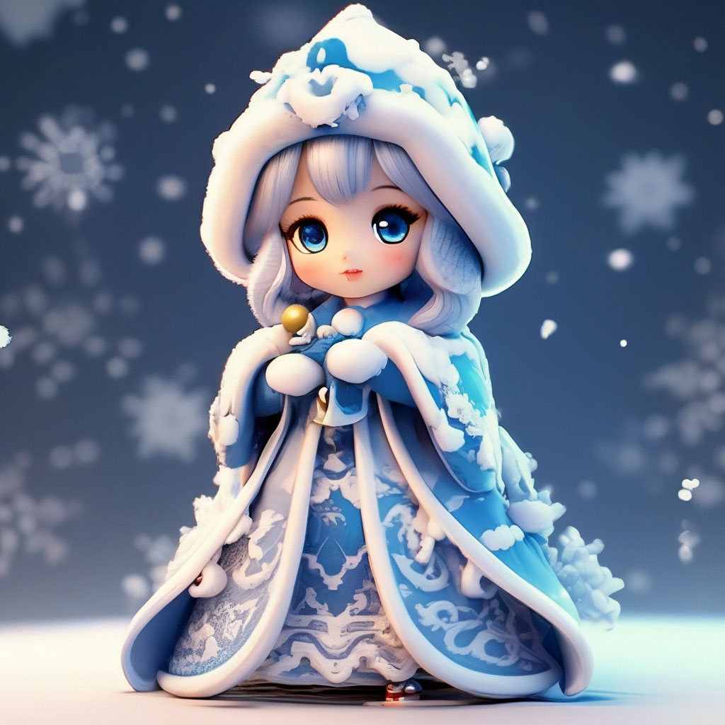 "3d acrylic doll, 3d render, anime, cute and modest snow maiden ...