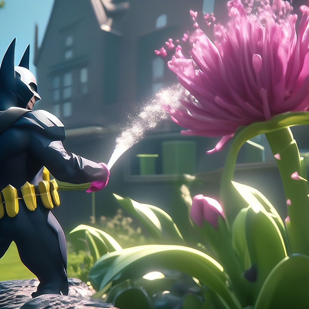 "Batman sprays a poisonous flower from a hose, cinematic frame ...