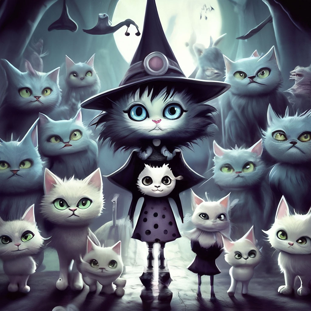 "Children's fairy tale, cartoon Monsters cats in the style of Tim ...
