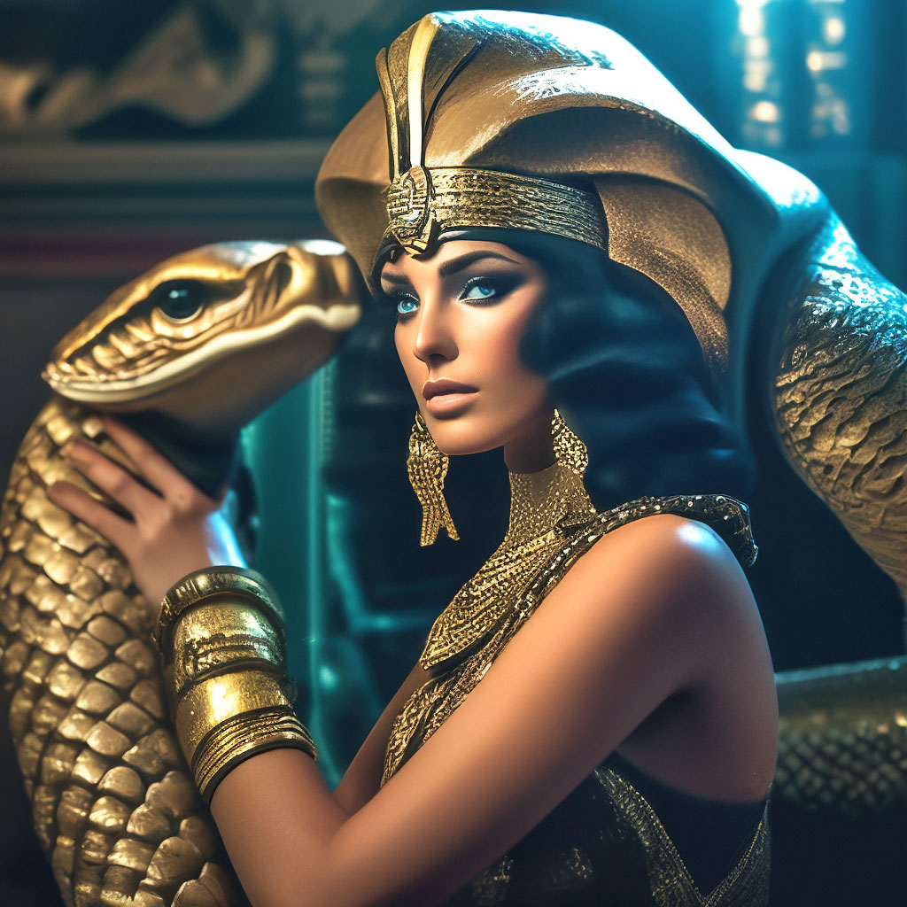 "The beautiful Queen Cleopatra looks at a huge cobra with an inflated ...