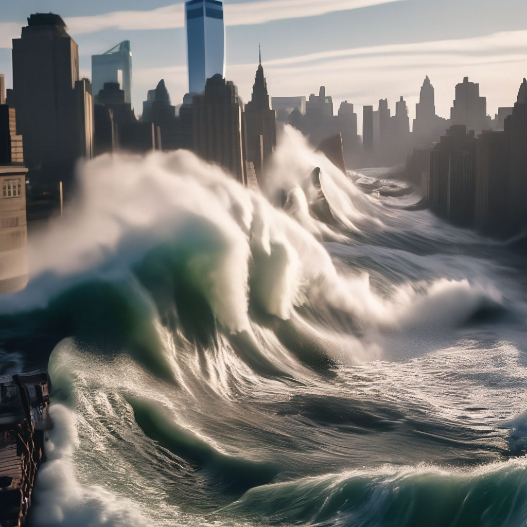 "Huge tsunami in New York , covers the city with waves, aesthetically ...
