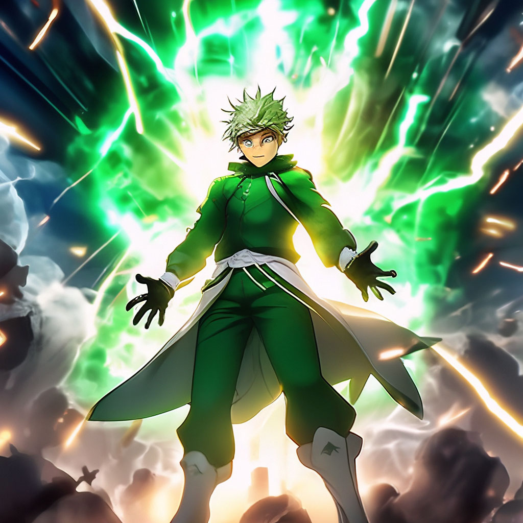 "I need an anime style hero on the background of an explosion in green ...