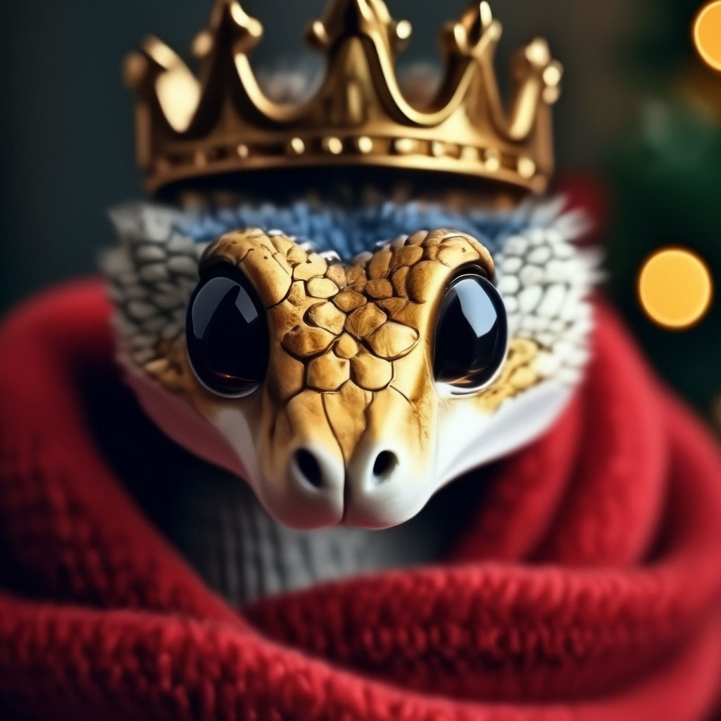 "Realistic tiny fluffy baby snake in a golden crown, big huge eyes of ...