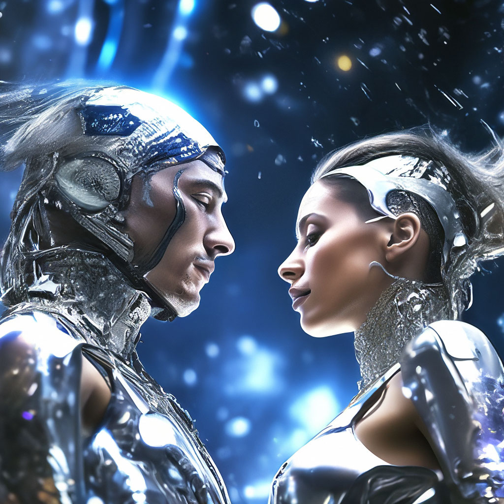 "Hyperrealism,space cyborgs he and she,levitation in space,detailing ...
