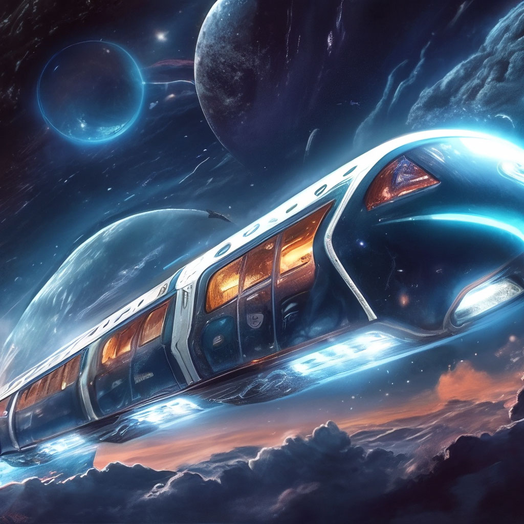 "Metro space train in the form of a spaceship flying in deep outer ...