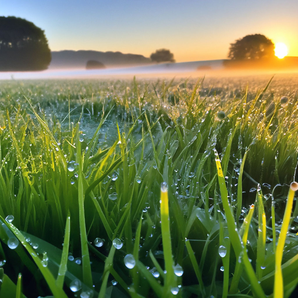 "Early morning, field, dew on the grass" — image created in Shedevrum