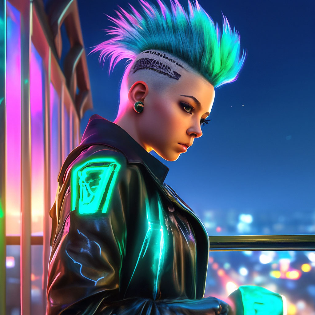 "A beautiful eighteen-year-old girl with a bright turquoise mohawk ...