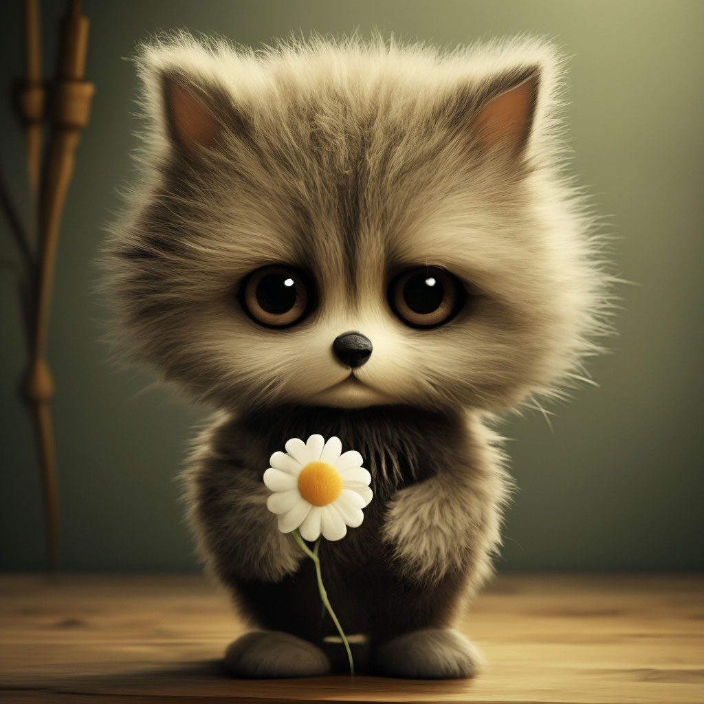 "Cute fluffy cute sad lowered his eyes and gives a flower" — image ...