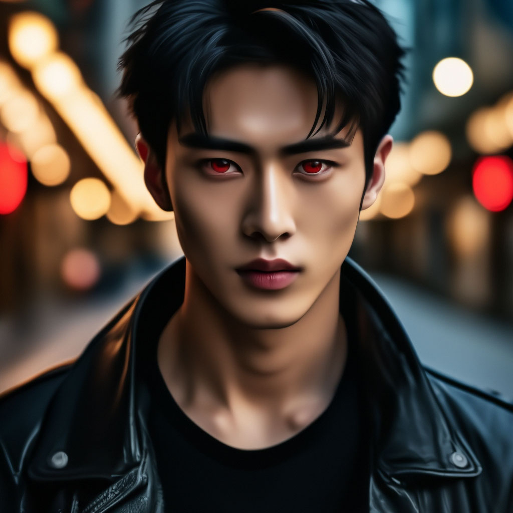 "Young guy, Asian,demon, shining red eyes, contrasting cheekbones ...