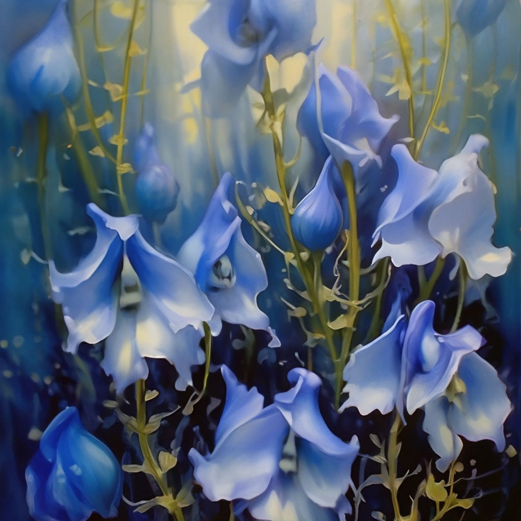 "Oil painting, monkshood flowers over water,fantasy, volume , textured ...