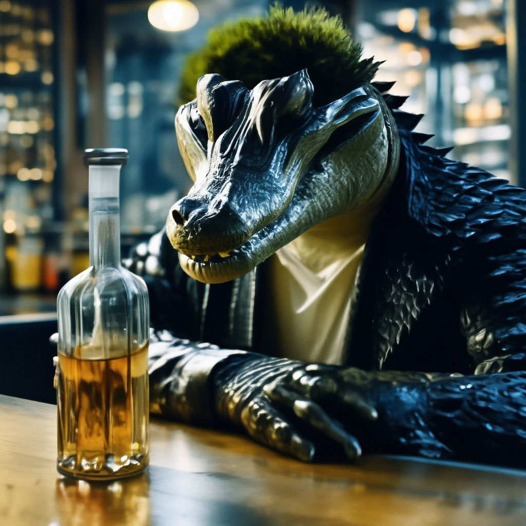 Crocodile tears... Crocodile is sitting in a bar holding his head ...