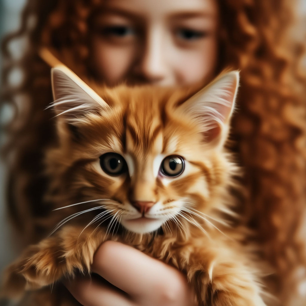 "A red fluffy kitten is sitting on the hands of a head, curly red ...