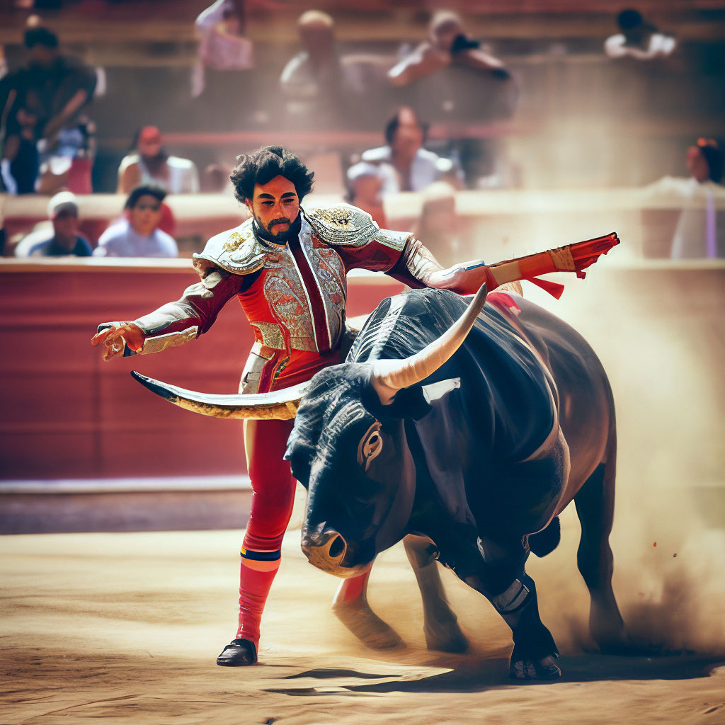 "The bullfighter thrusts a sword into a bull, high resolution, maximum ...
