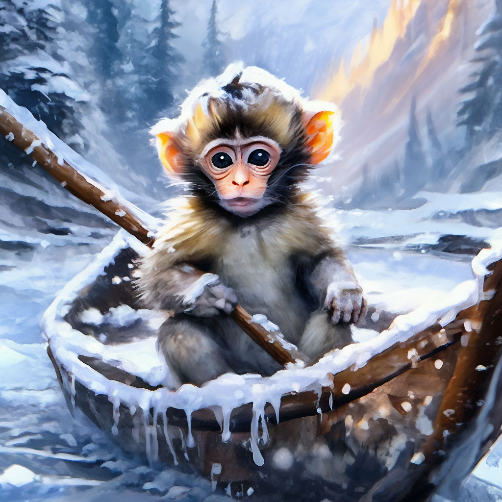 General plan, ice, snow, frost Cute elegant baby monkey on a raft on a ...