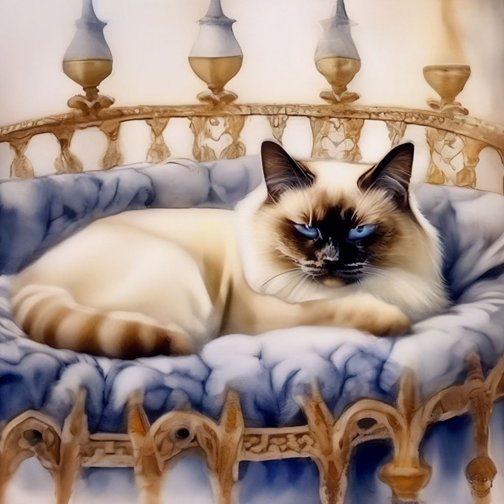 "Fluffy handsome Siamese cat sleeps on an openwork bed with lace ...