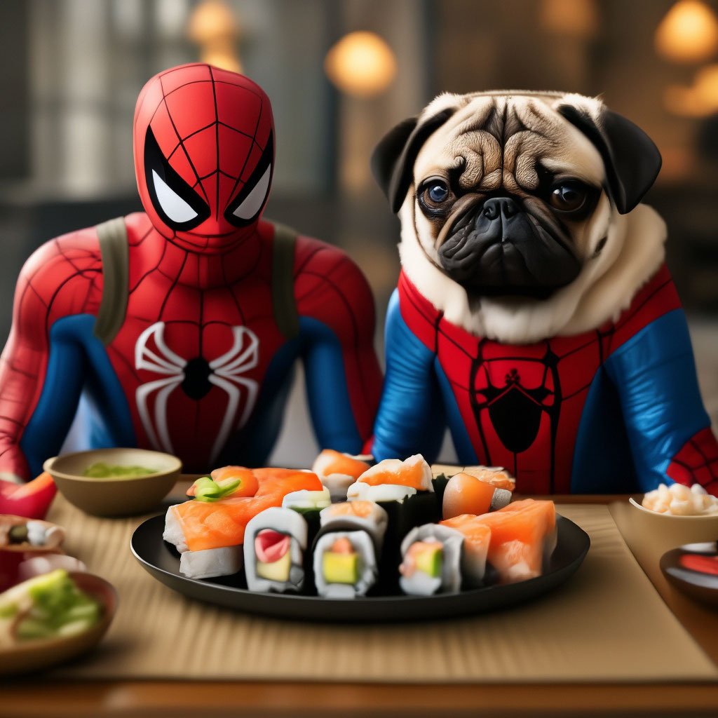 "Pug together with spider-man eat sushi" — image created in Shedevrum