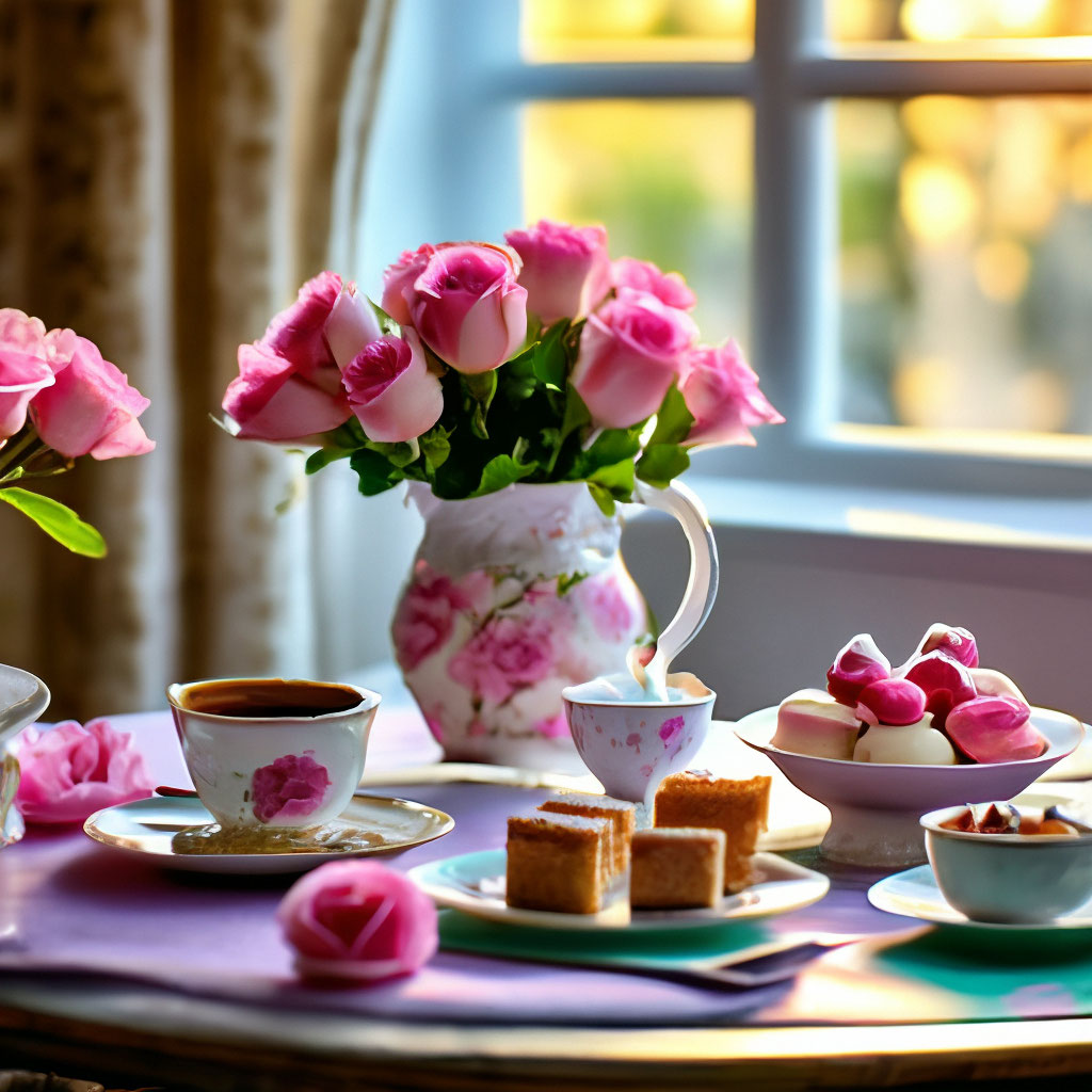 "Good morning. Room, there is a table with a tea set by the window, hot ...
