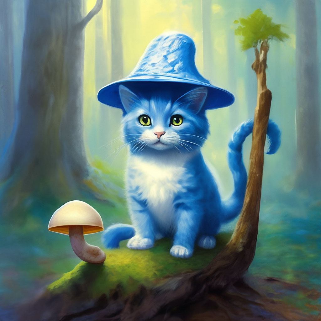 "Shailushai a blue cat walks along the root of a tree a white hat in ...