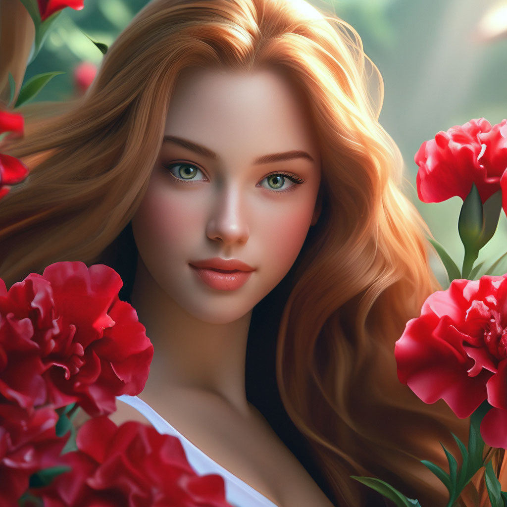"Beautiful carnation girl, red, long hair, beautiful eyes, art ...