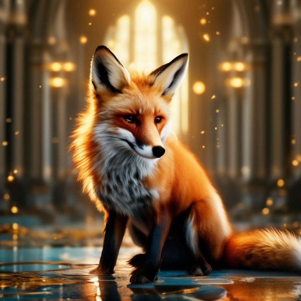 "A red fox sits in the center of the castle, gold flies in clouds of ...