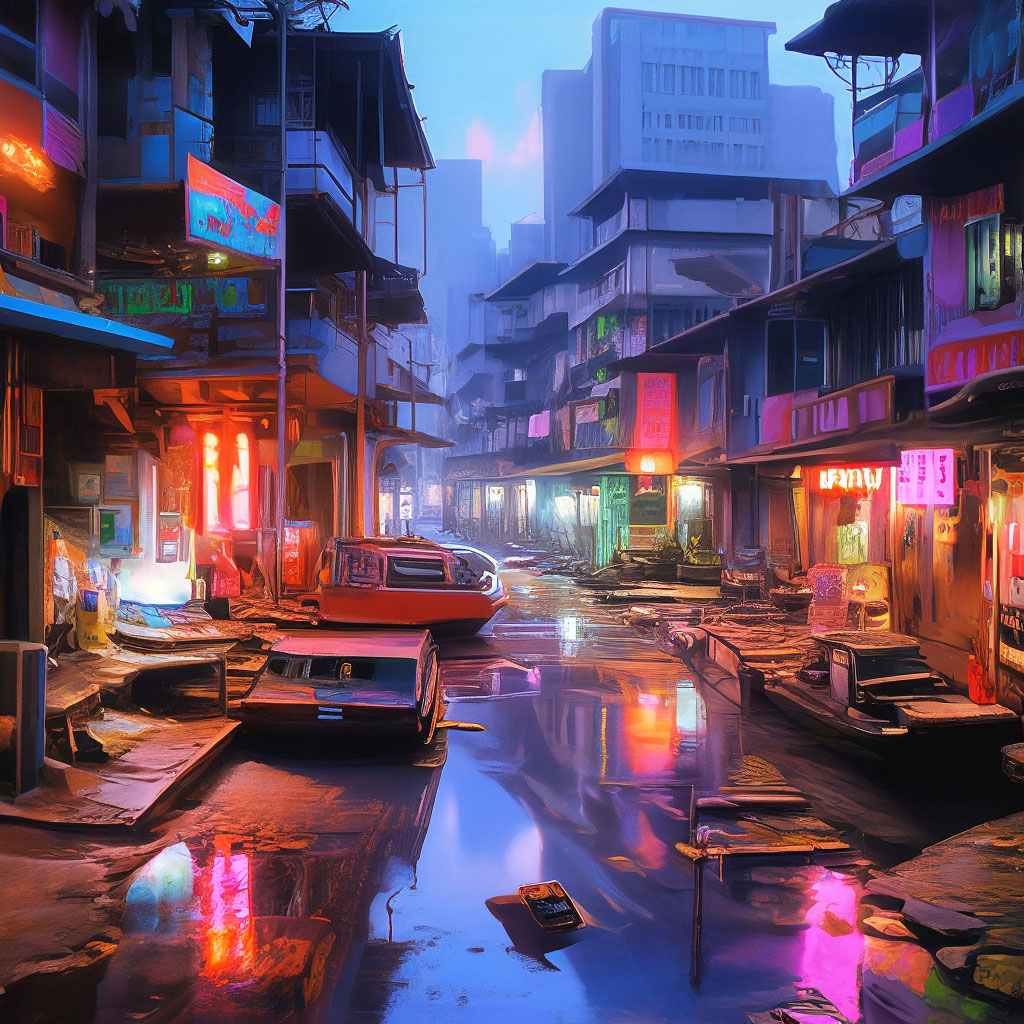 "Slums in East Asia, neon, , beautiful, realistic, high resolution ...