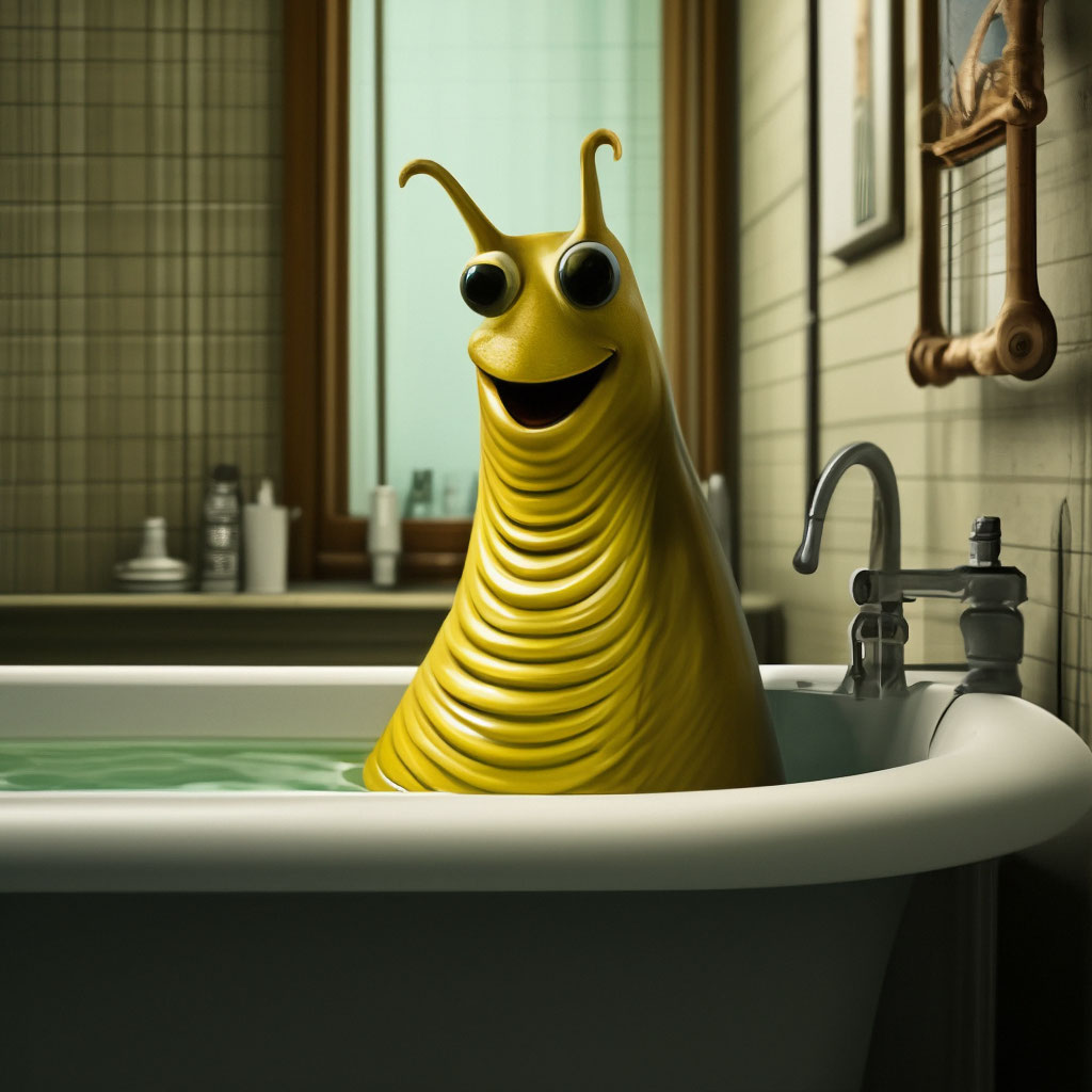 "Anthropomorphic slug in the bathroom" — image created in Shedevrum