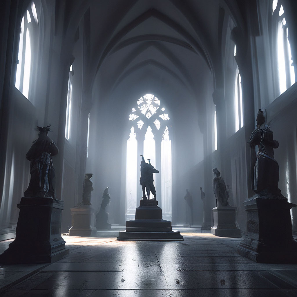 "An empty huge room with dim lights and statues" — image created in ...