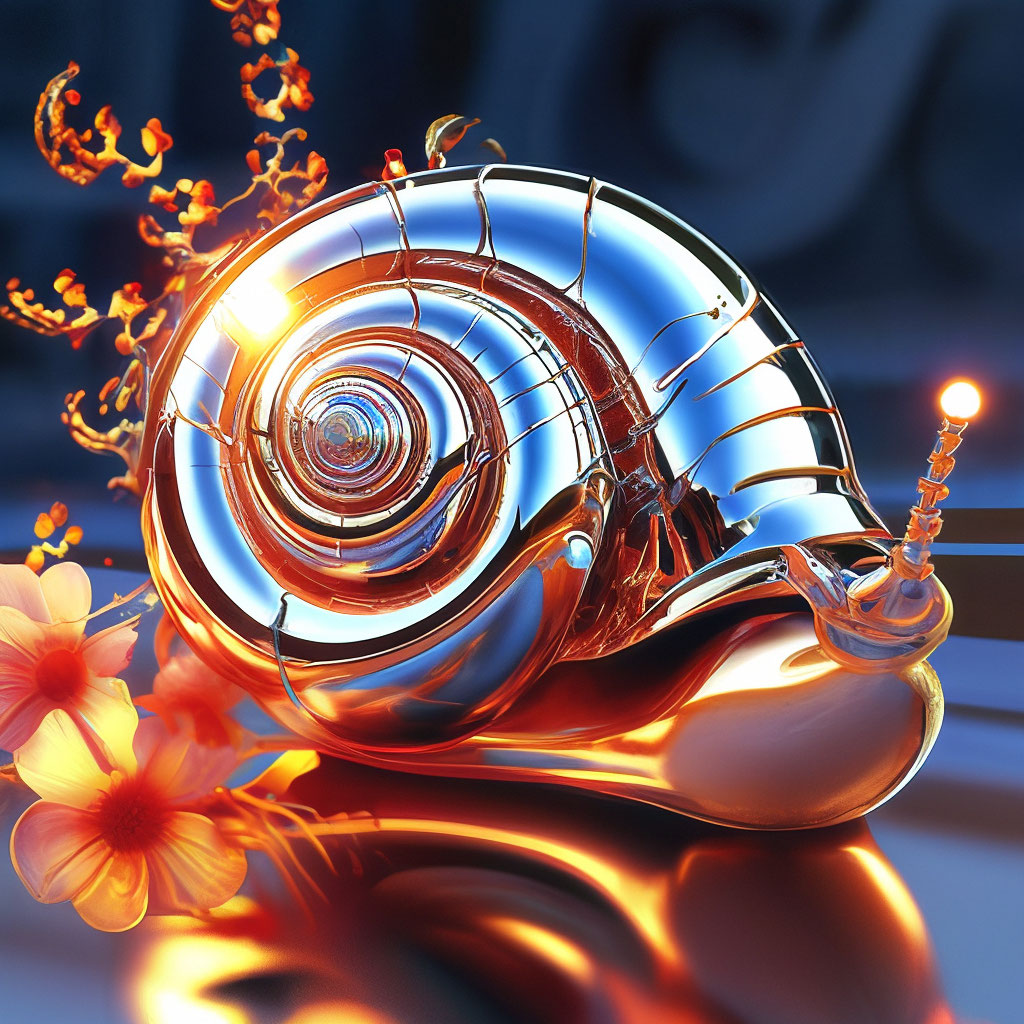 "Chrome colored snail,flowers,thin white lines fractals,vortices,curls ...