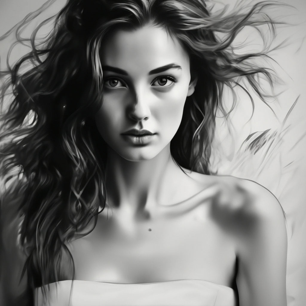 "Super minimalist black and white graphite sketch of gorgeous young ...