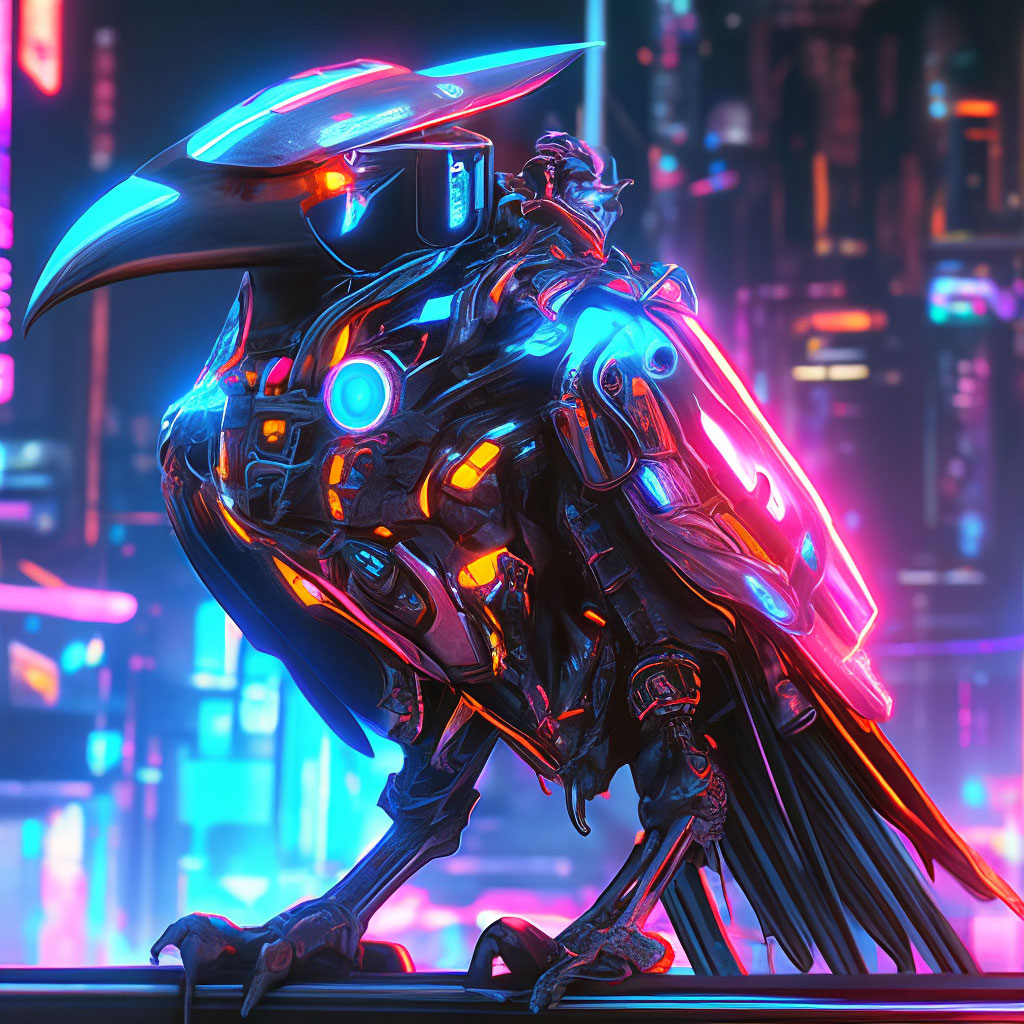 "Biomechanical neon raven" — image created in Shedevrum