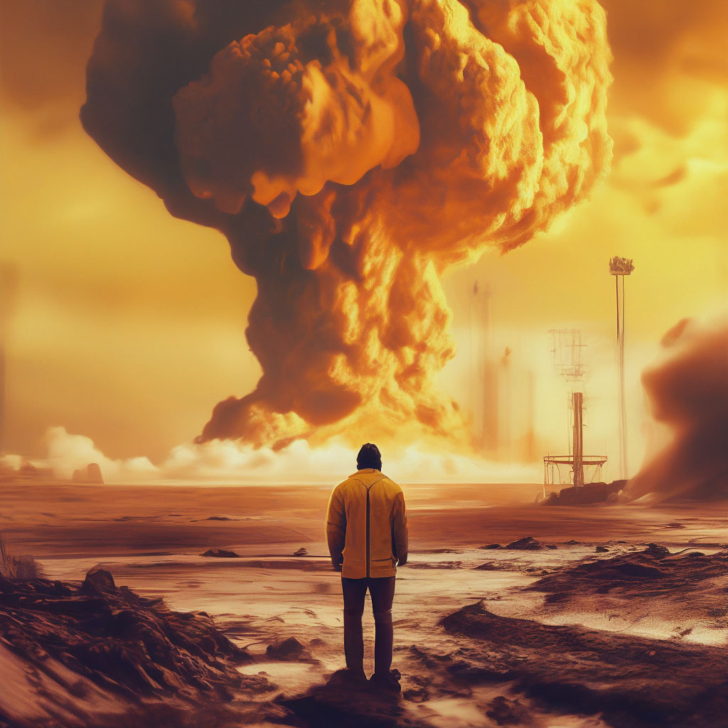 "Sad man on the background of a nuclear explosion, ochre,yellow, brown ...