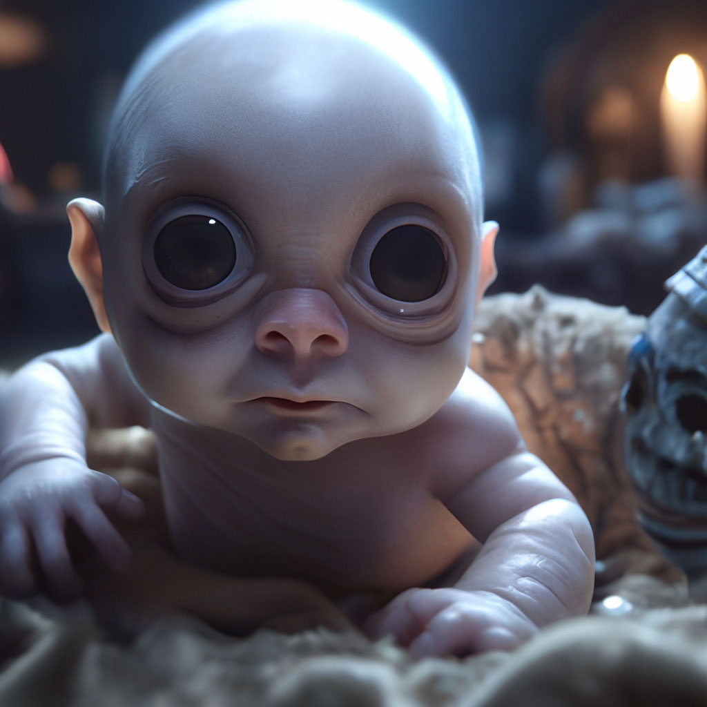 "A creepy hybrid, symbiosis of a baby and Einstein, gloomy, horror, tin ...