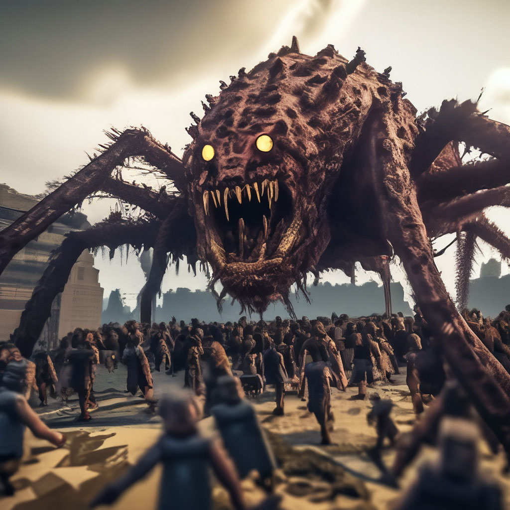 "Apocalypse giant rotten spider demon devours people, minecraft style ...