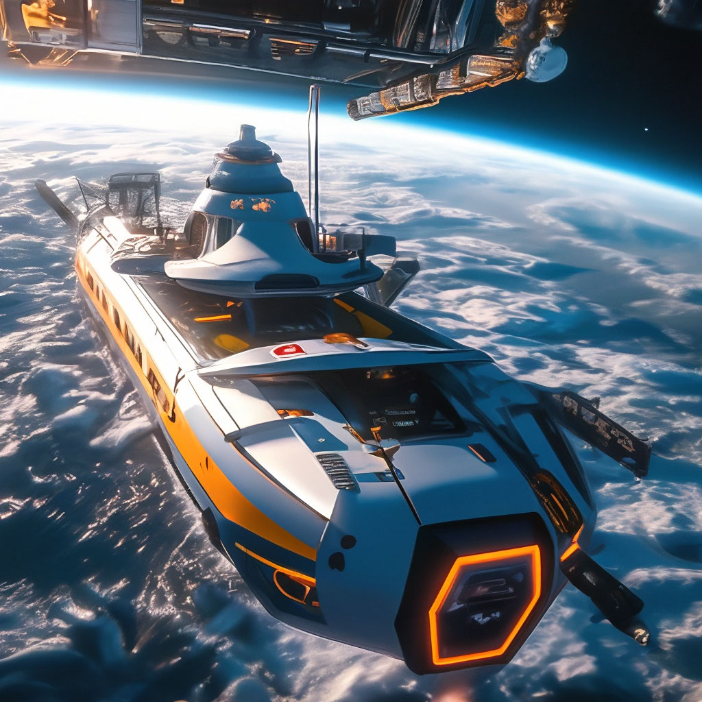 "Space, beautiful, epic, space cruise ship, near the space station ...