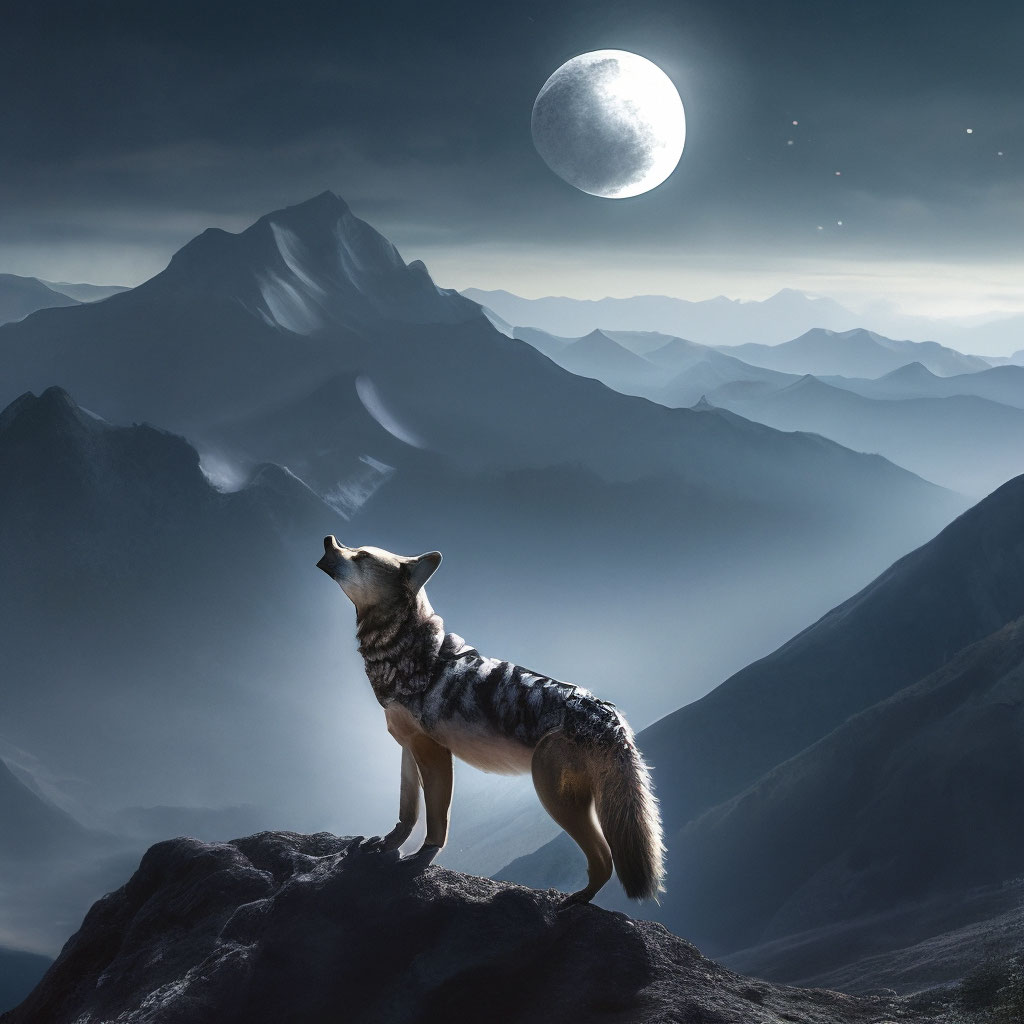 "Mountain night landscape, eclipse of the moon, howl of a jackal from ...