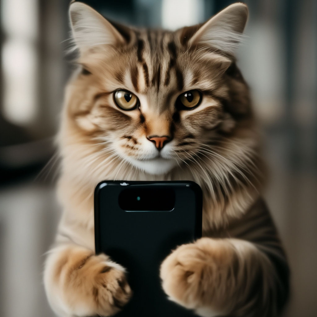 "The cat holds the phone in its paws" — image created in Shedevrum