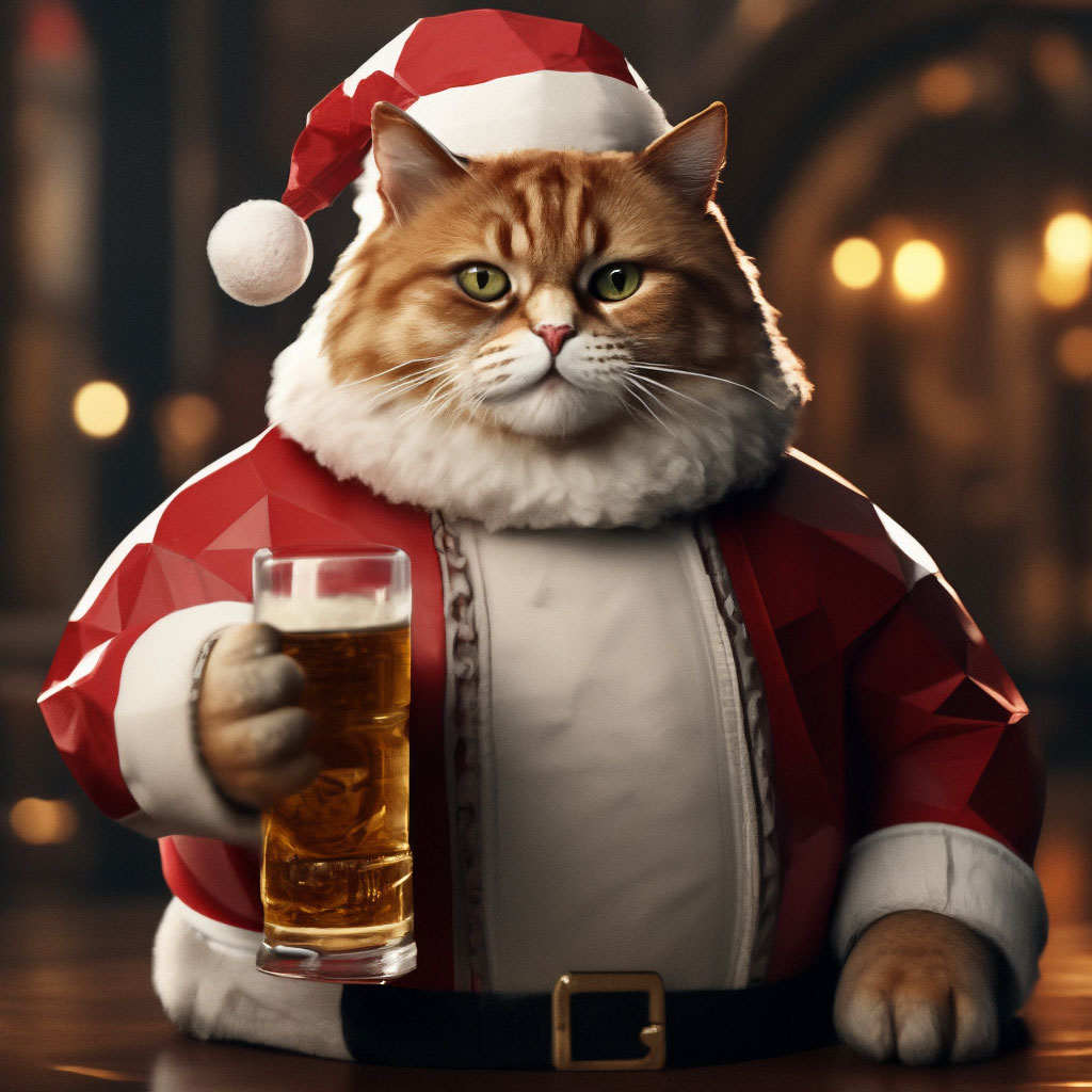 "Fat cat santa drinks beer" — image created in Shedevrum
