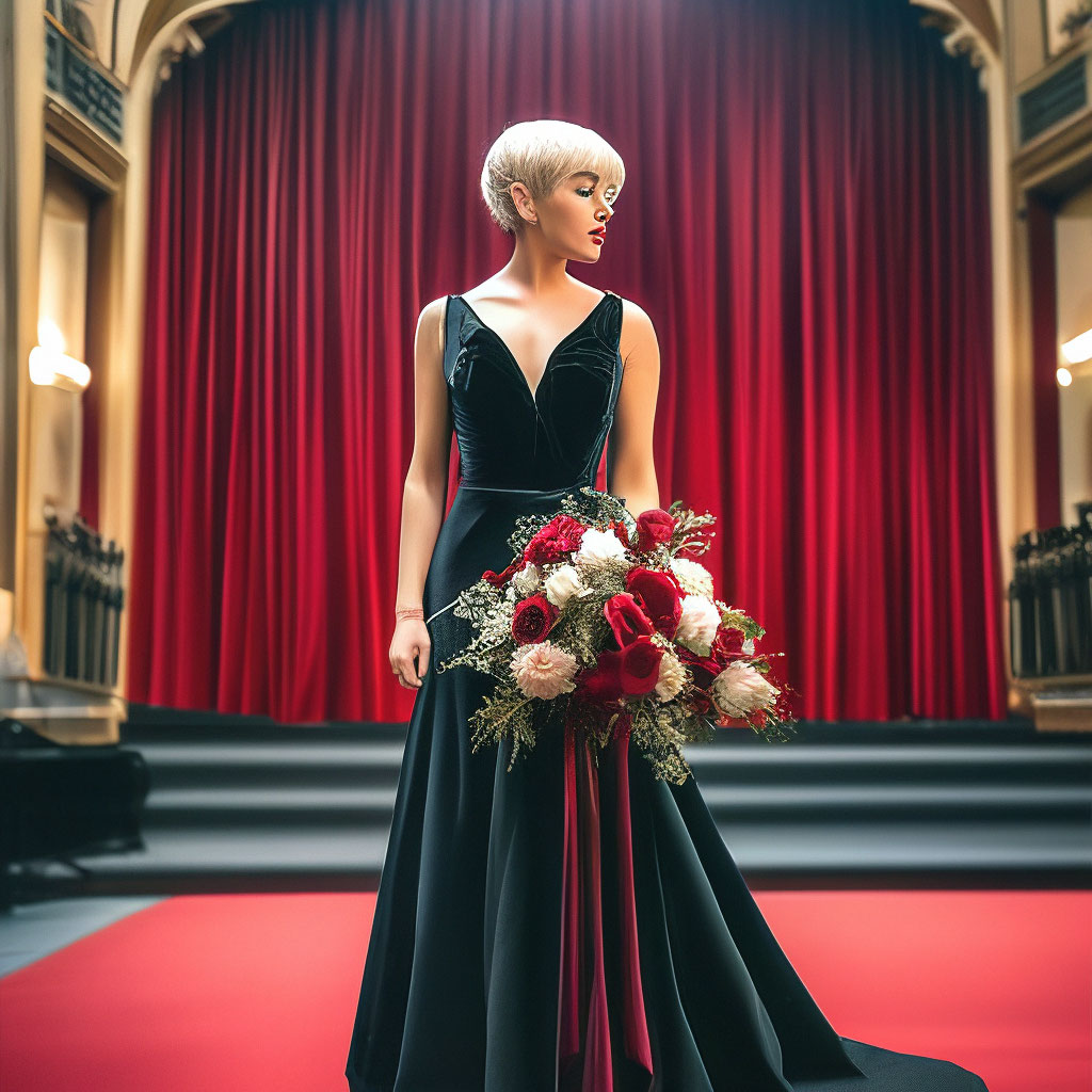 "A young woman with very short blonde hair stands on the stage of the ...