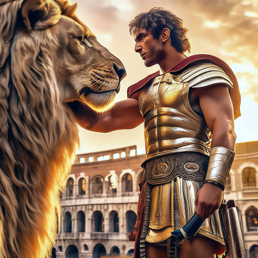 "Ancient Rome The Colosseum Gladiator in the arena stroking the mane of ...