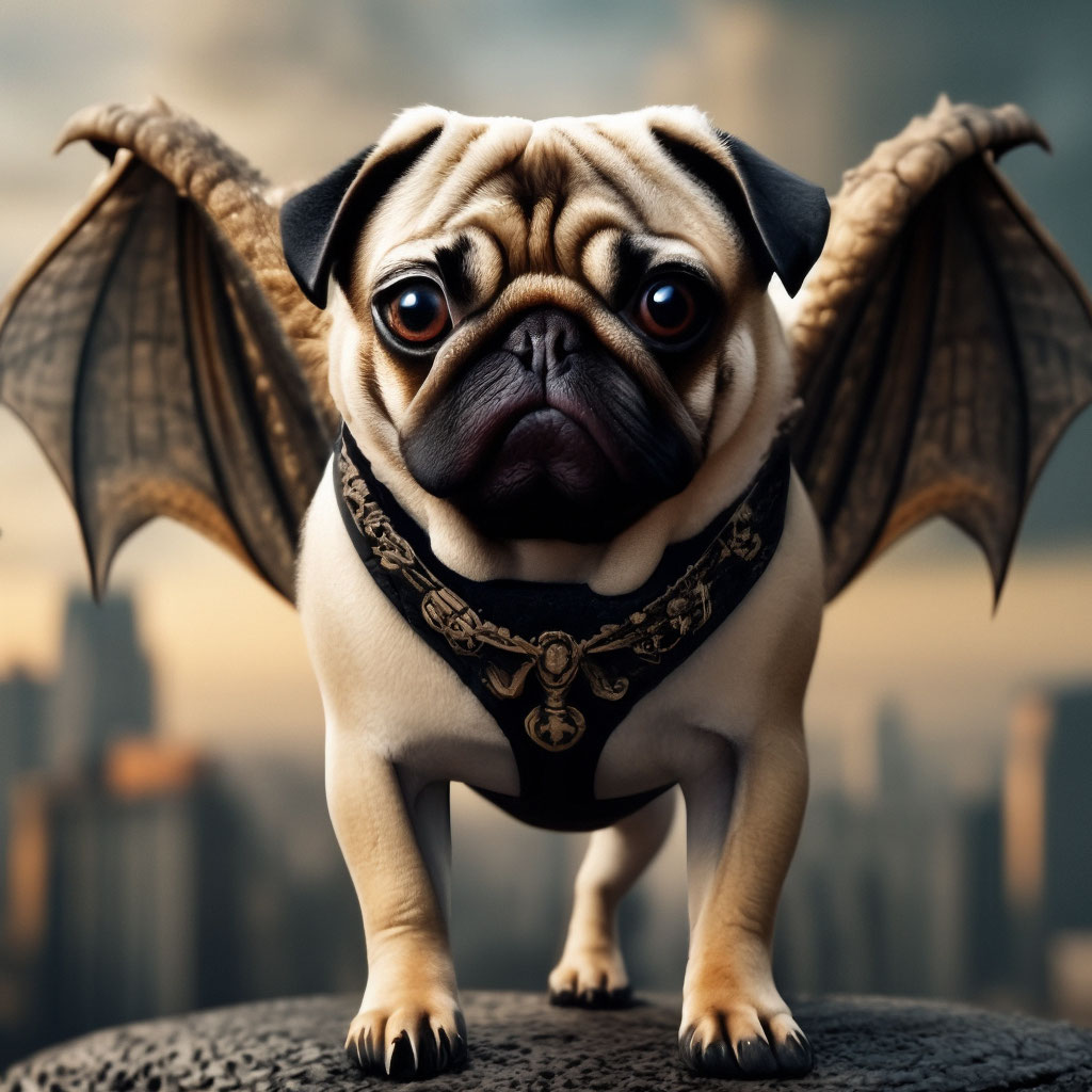 "A pug dog with wings like a dragon" — image created in Shedevrum