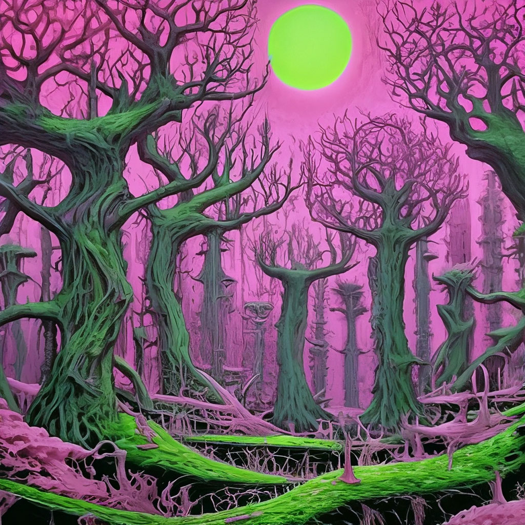"A forest of gnarled trees in the pink green and lilac radioactive zone ...