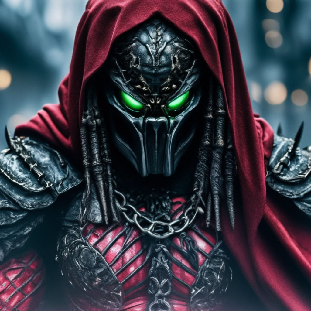 "Symbio Predator + Spawn, Predator + Spawn, Red cloak, green fiery eyes ...